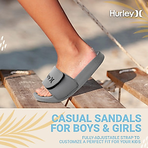 Hurley Naia Slides for Girls and Boys, Slip-On Kids Slippers with Adjustable Strap, Kid's Sandals for Indoor and Outdoor, Adjustable Sporty Slides for Kids, Eva Footbed Shower Slides, Grey