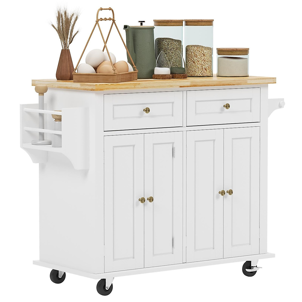 sogesfurniture Rolling Kitchen Island with 2 Drawers and Adjustable Shelves, Kitchen Cart with Rubberwood Countertop, Spice Rack and Towel Holder, Kitchen Island Cart on Wheels with Storage, White