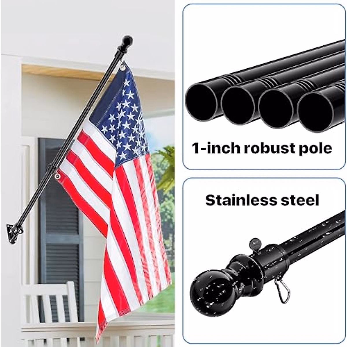 Flag Poles for Outside House, 5FT Flagpole Kit for American Flag - Professional Metal Flag Poles for Garden Yard - Residential or Commercial Flag Pole with Two-Position Bracket Holders Black