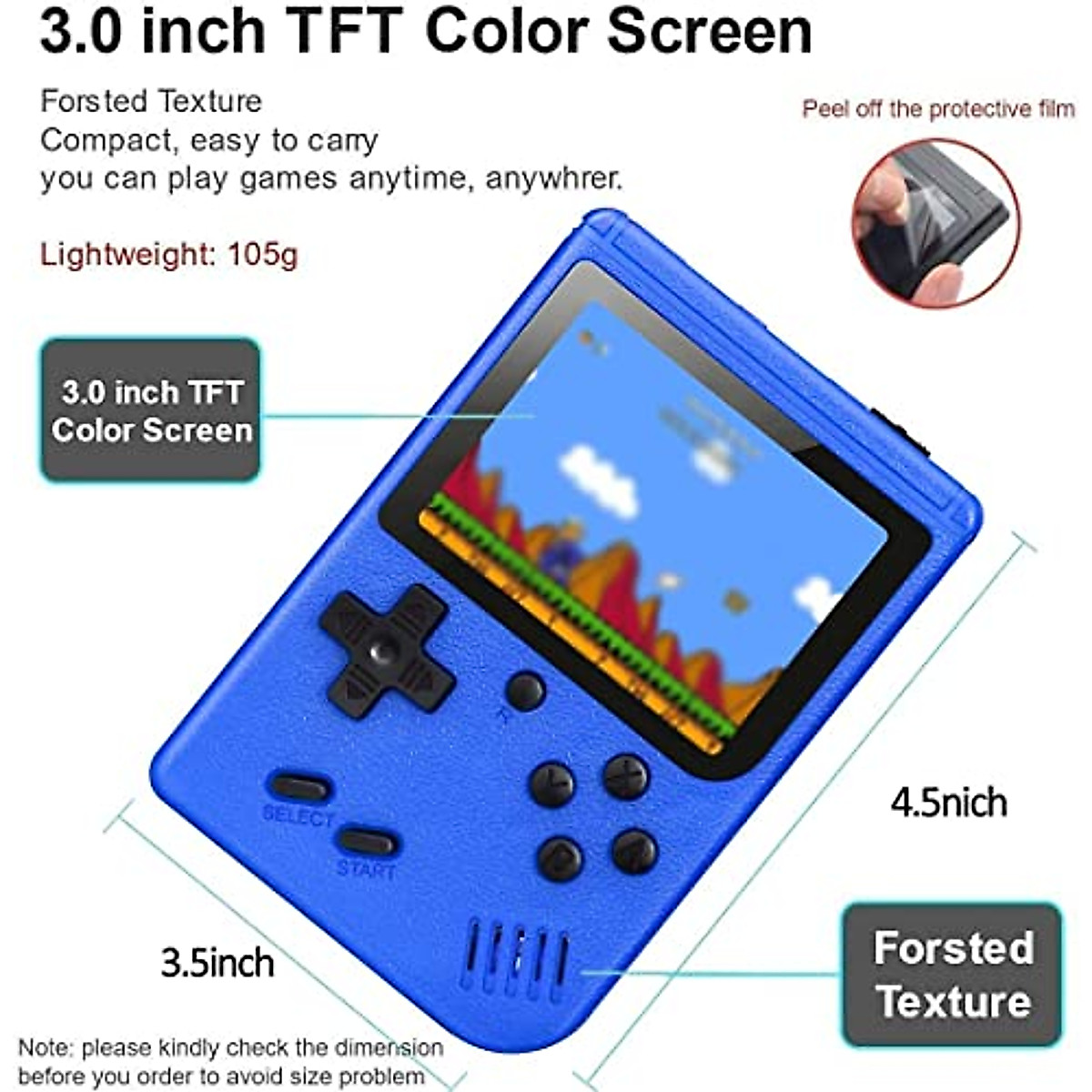 Triyilove Handheld Game Console, Retro Game Console with 500 Classic FC Games 3 Inch Screen 1020mAh Rechargeable Battery Portable Game Console Support TV Connection & 2 Players for Kids Adults (Blue)