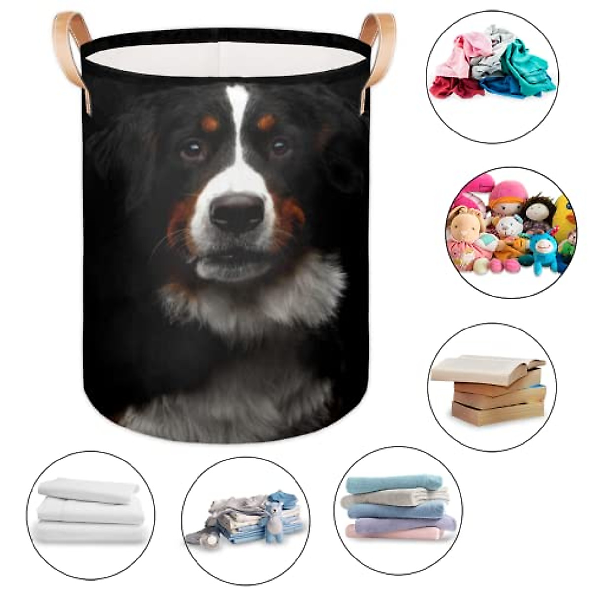 Bernese Mountain Dog Animals Collapsible Laundry Basket Large Laundry Hamper Waterproof Foldable Storage Bins Laundry Basket with Leather Handles Clothes Nursery Hampers for Bathroom Bedroom Toy Organizer
