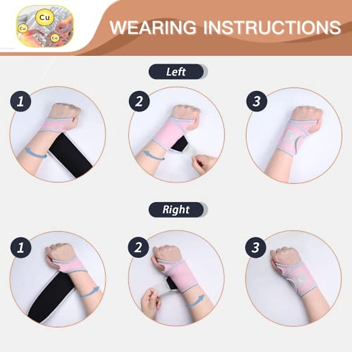 INDEEMAX 2 Pack Copper Wrist Brace Support for Carpal Tunnel, Pain Relief, Arthritis, Tendonitis, Adjustable Wrist Braces Compression Wraps Both Hands, Fit for Men and Women, Pink