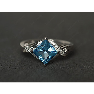 LUO 925 Sterling Silver Swiss Blue Topaz Ring Kite Set Square Cut 7X7 MM Engagement Ring for Women US Size 5