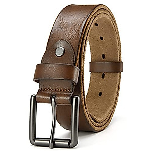 YOETEY Full Grain Leather Belt for Men - Mens Belt Casual 1 1/2" with 100% Italian Cow Leather - Roll Buckle Oval Hole for Smooth Wearing