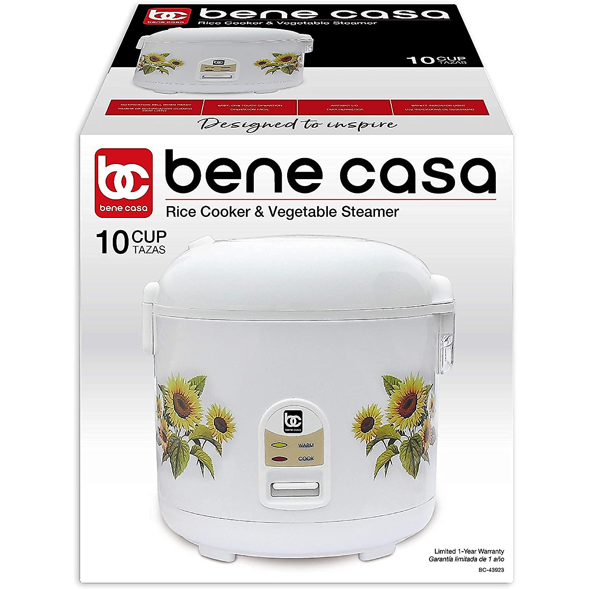 Bene Casa - Non-stick Thermal Rice Cooker with Steamer Tray (11.5" x 12") - Features a Cool-touch Exterior and an Auto Shut-off Feature - Dishwasher Safe Inner Pot