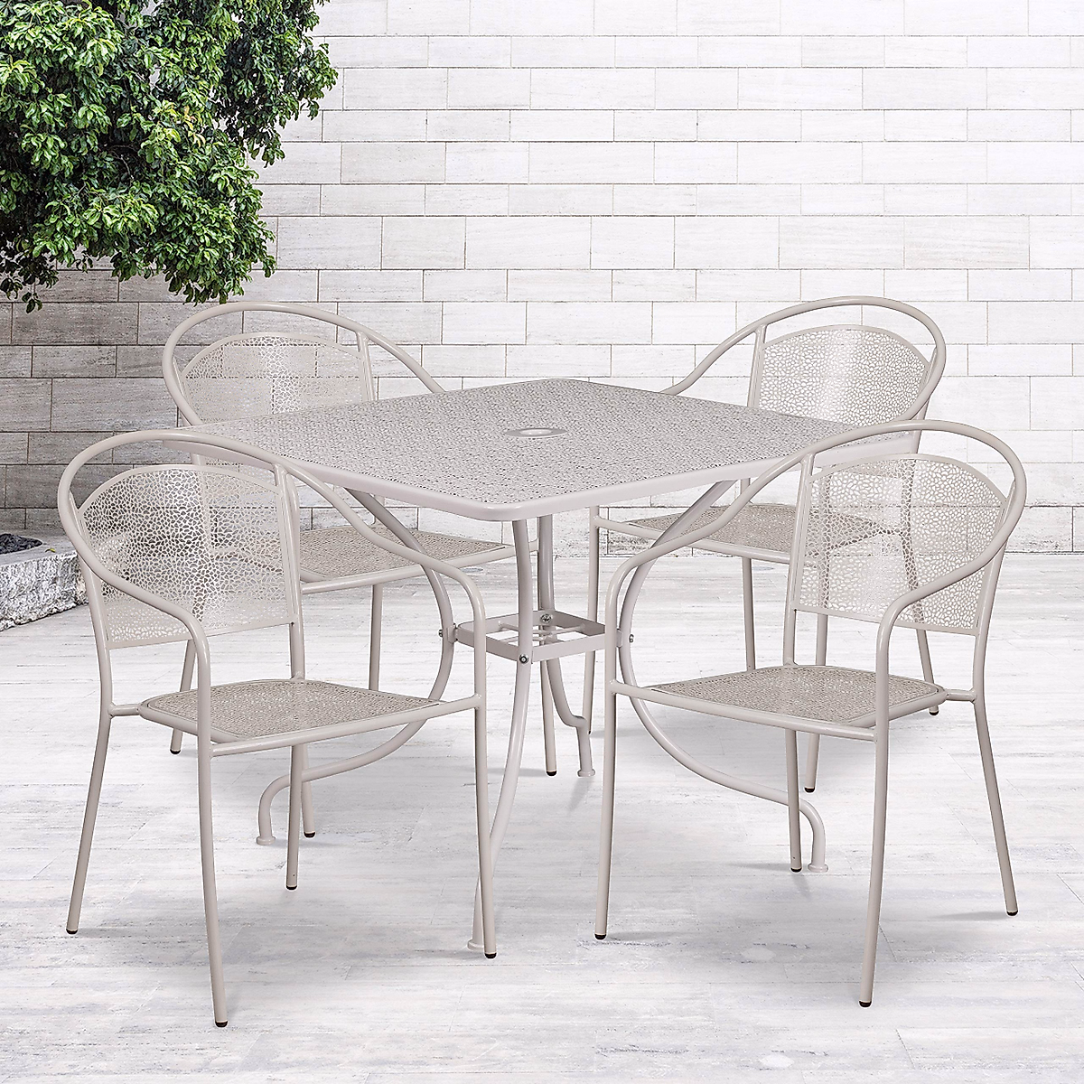 Flash Furniture Oia Commercial Grade 35.5" Square Light Gray Indoor-Outdoor Steel Patio Table Set with 4 Round Back Chairs