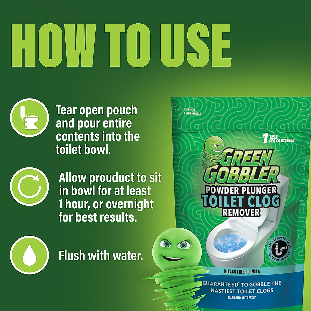 Green Gobbler POWDER PLUNGER Toilet Bowl Clog Remover - 2 Pack Net WT 16.5 oz