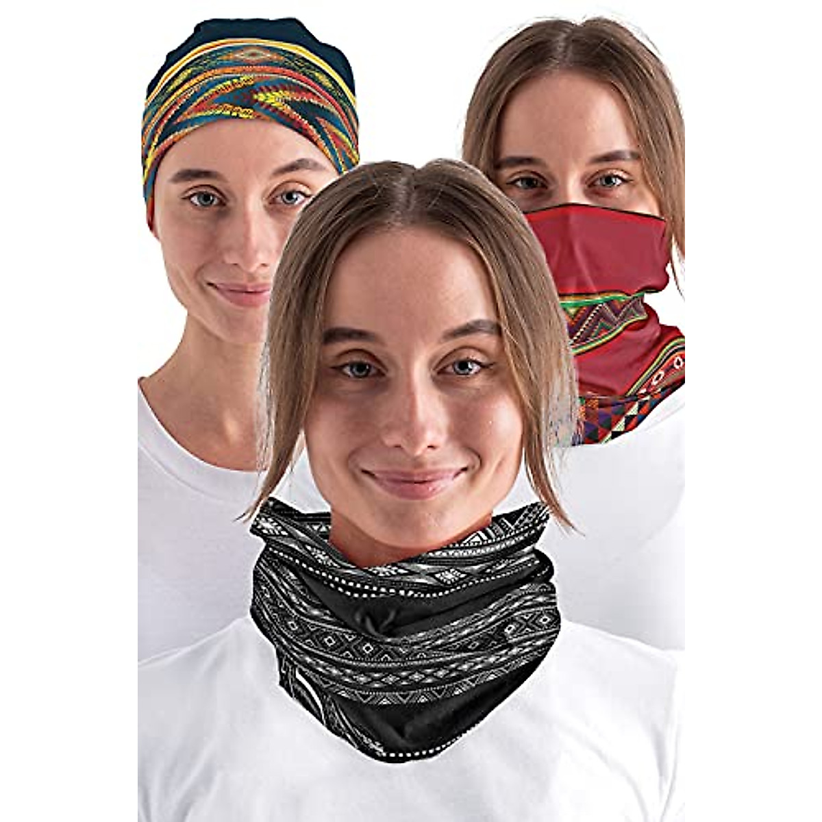 Yes We Vibe Neck Gaiter Face Mask + Bandana Headband + Buff (3 Pack) - Colorful & Vibrant Design - For Men and Women