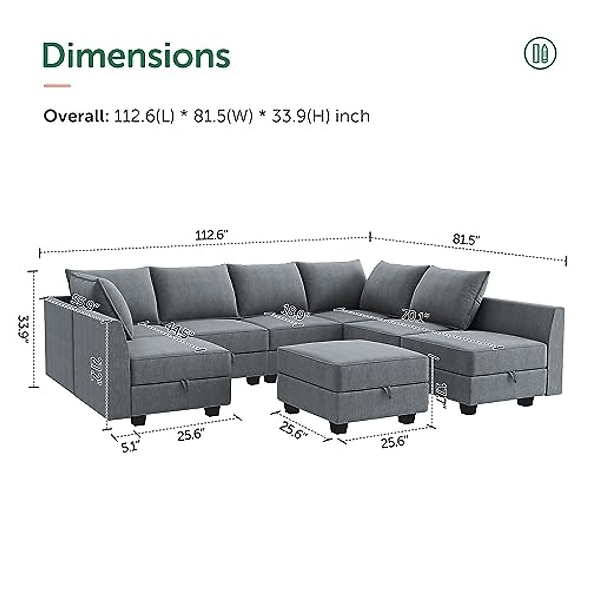 HONBAY Reversible Sectional Modular Sofa Couch with Ottoman U Shaped Sectional Sleeper Sofa with Storage Oversized Sectional Sofa with Wide Chaise for Living Room, Bluish Grey