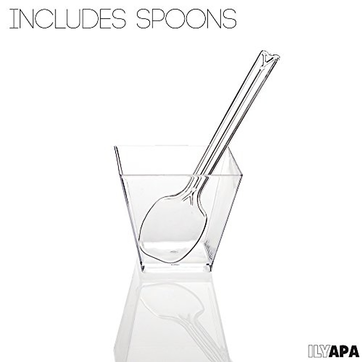 Ilyapa 100 x 2oz Mini Plastic Dessert Cups with Spoons - Dessert Shooter Plastic Glasses, Elegant Mini Appetizer Cups for Chocolate & Cheesecake, Mini Tumbler Square Cup, Puddings, Mousse, Parfaits