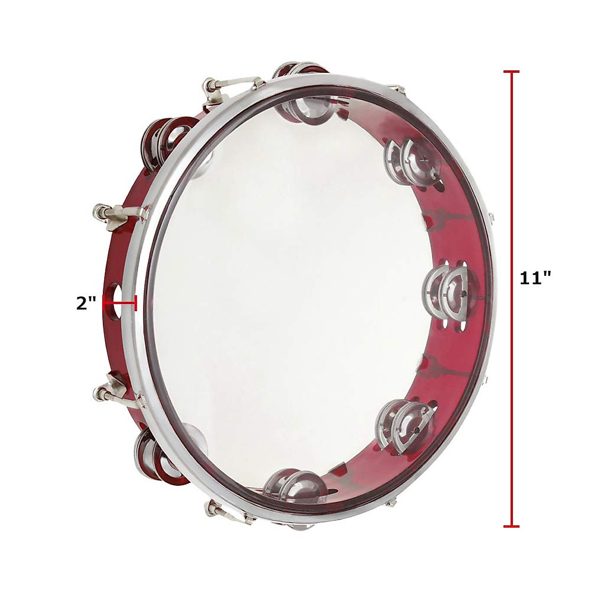 ENNBOM Tambourine Adjustable Tone Hand Drum Double Row Metal Jingles Hand Bell Performance Level Handheld Percussion (Red)