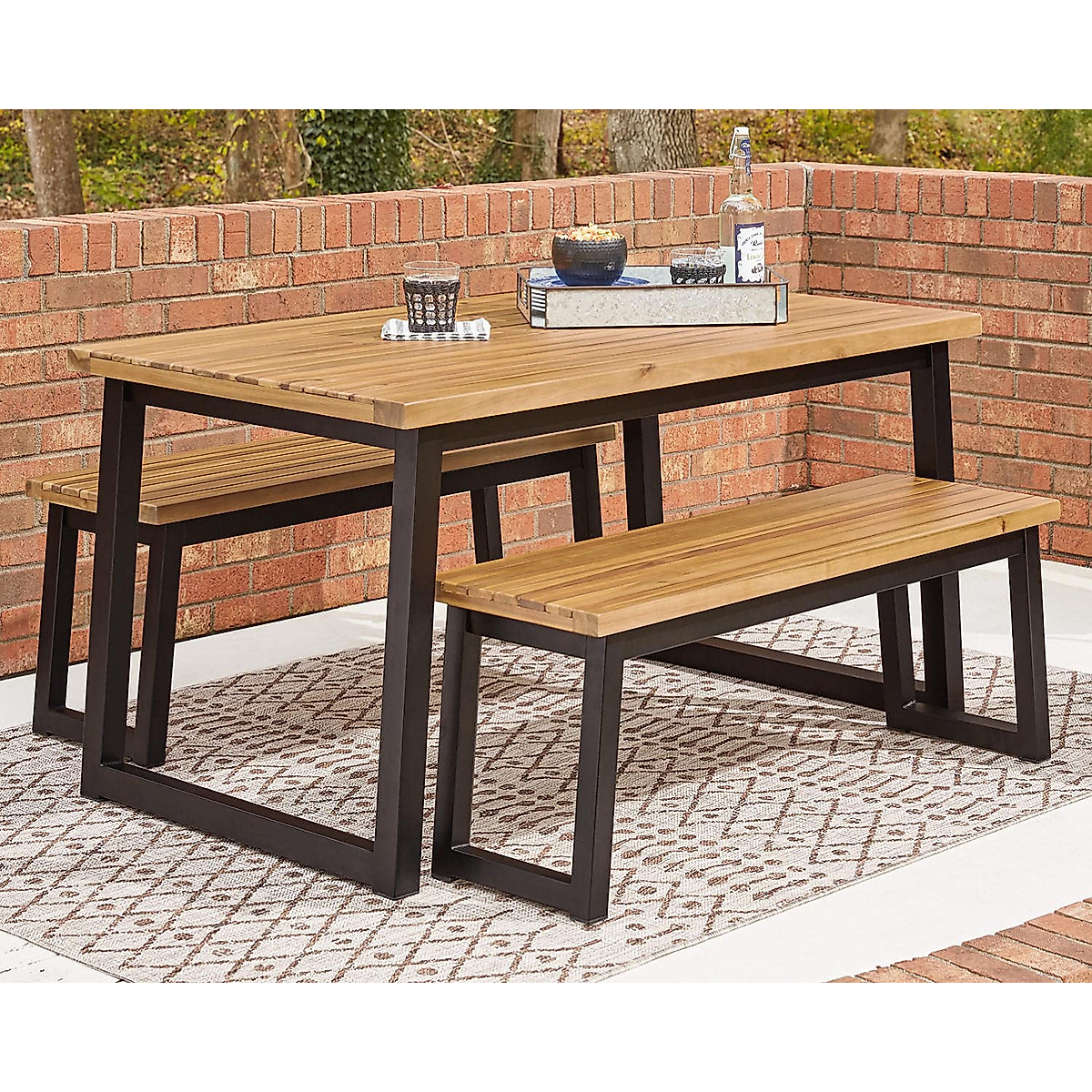 Signature Design by Ashley Town Wood Outdoor 3-Piece Patio Counter Table Set with 2 Benches, Brown & Black