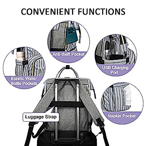 LOVEVOOK Backpack Women Laptop Bag Plait Laptop Backpack Computer Bag Work Bag Backpack Purse with USB Charging Port and Luggage Strap,All Stripe Grey