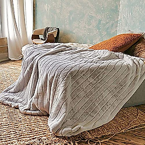 Luxury Striped Faux Fur Throw Blanket 60 x 80 for Couch Sofa Bed in Classic Gray, Lightweight, Soft & Cozy