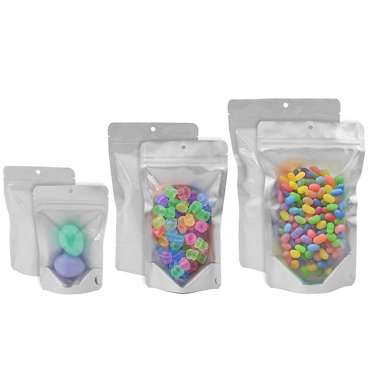 PackFreshUSA: 5 Mil White/Clear Stand Up Pouch Bags - Professional Flexible Packaging - Resealable - Seal-Top - Heat-Sealable - Hang Hole - Tear Notch - Medium 5 x 8 x 3 in - 100 Pack