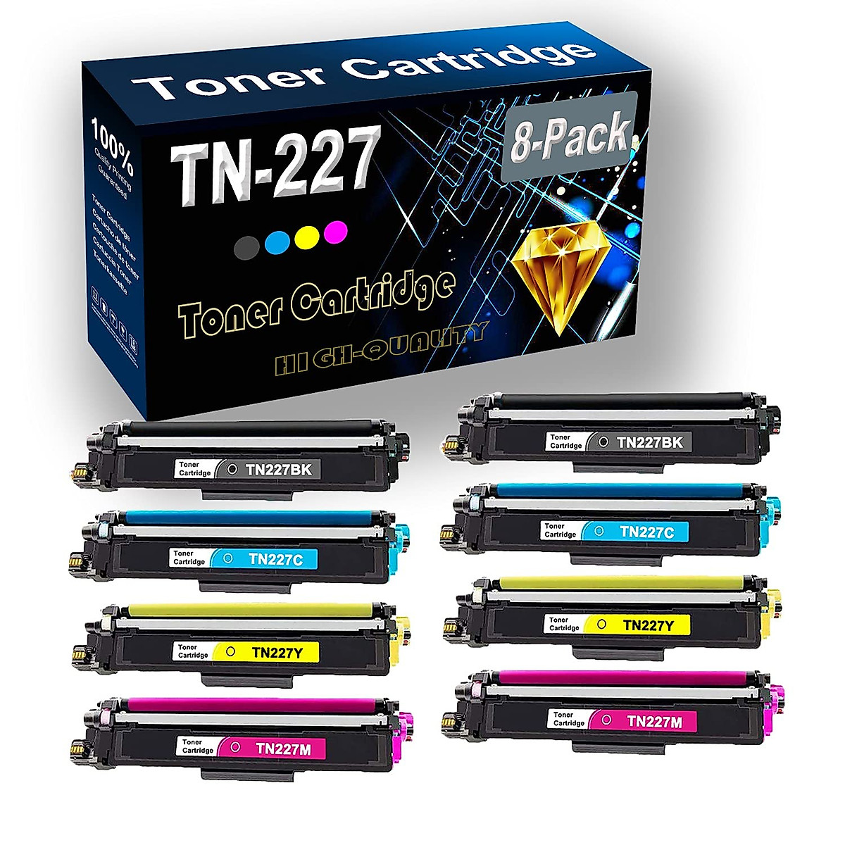 Kolasels 8-Pack (2BK+2C+2Y+2M) Compatible High Yield TN227 TN-227BK TN-227C TN-227Y TN-227M Imaging Toner Cartridge use for HL-L3210CW HL-L3230CDW HL-L3270CDW Printer