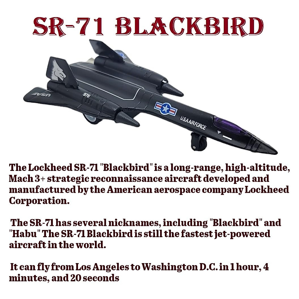 Zugar Land Die-Cast Pullback Stealth Bomber Models (4.25"-5.25") SR-71 Blackbird, F-22 Raptor, F-117 Nighthawk, B2 Bomber (SR-71 Blackbird)