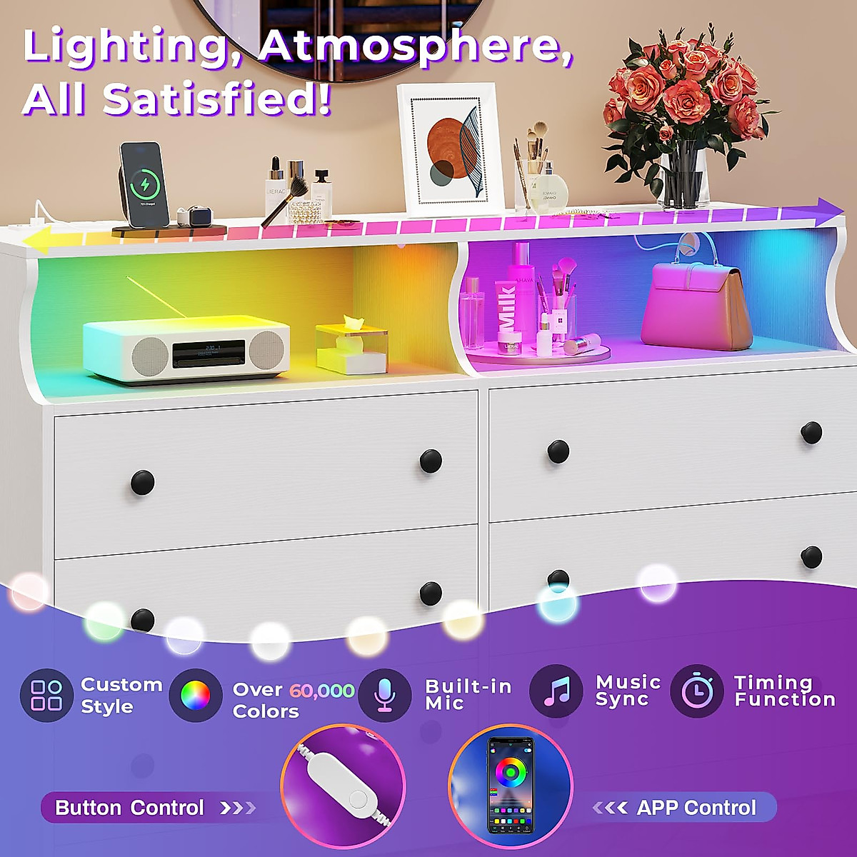 Hasuit 6 Drawer Dresser with LED Lights and Charging Station, Wide Chest of 6 Drawers with Open Space, Modern Large Capacity Storage Cabinet, White Dresser for Bedroom, Living Room, Hallway