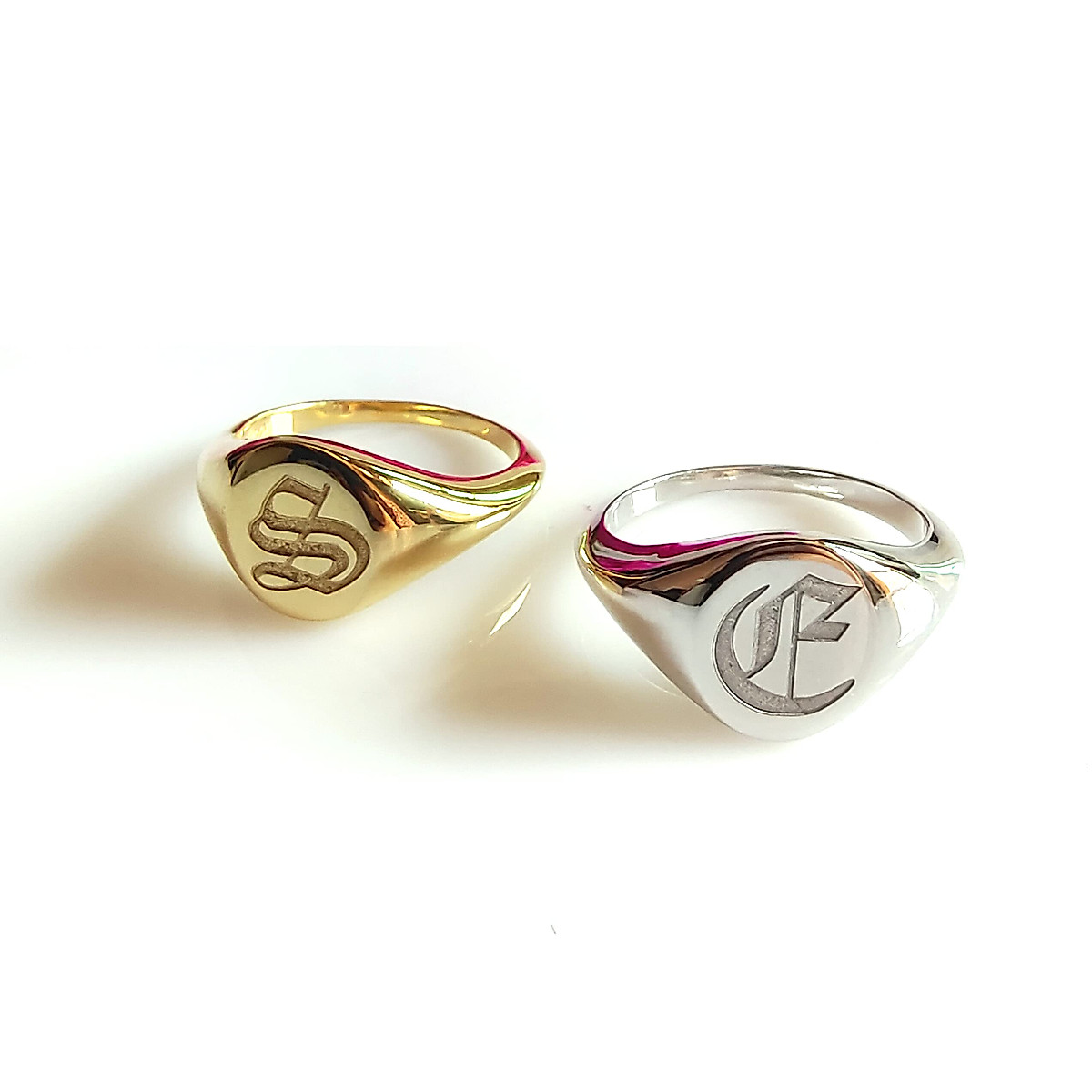 Sterling Silver Old English Initial Signet Ring - Custom Initials Letter Ring- Signet Ring For Women- Gothic Font Ring- Old English Font Ring, Yellow