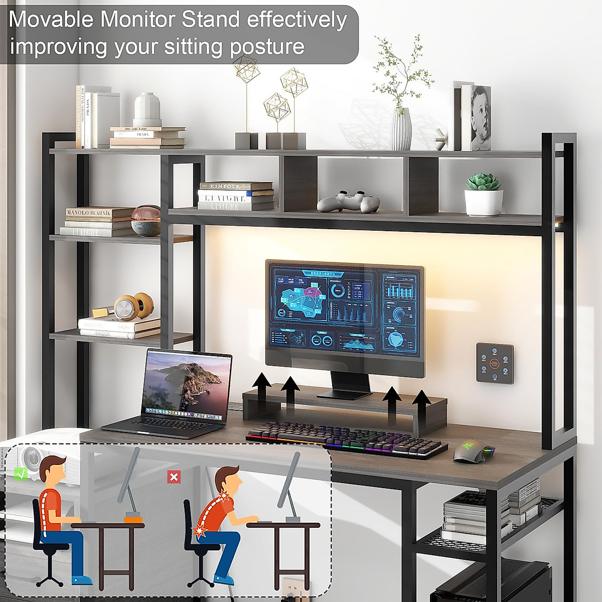 Computer Desk with Storage Shelves and 2 Drawers, 59" Gaming Desk with LED Lights & Power Outlets, Gray Home Office Desk with Hutch Monitor Stand for Study Office Writing Game
