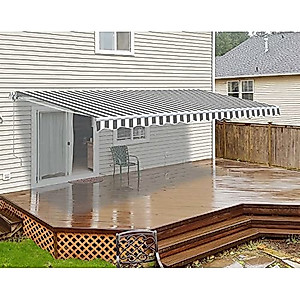 ALEKO Manual Retractable Patio Awning|10' W x 8' L Handle Crank Deck Awning| Polyester Water Resistant Canopy, UV Protection Sun Shade for Yard, Porch, Balcony| Gray-White