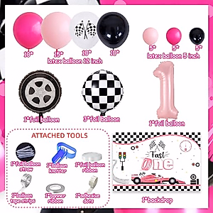72Pcs Racing Car Theme Birthday Party Decorations for Girls, Pink Racing 1st Birthday Decoration, Fast One Backdrop Pink Black Balloon Garland Kit for children Race Car 1st Birthday Party Supplies