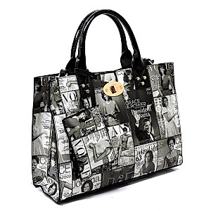 Glossy Magazine Cover Collage 3-in-1 Shoulder Bag Hobo Michelle Obama Handbag (3-Black/White)