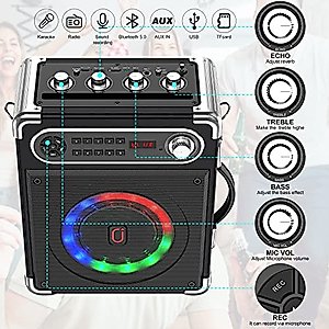 JAUYXIAN Bluetooth Speaker with Two Wireless Microphones, Outdoor Speaker with Subwoofer/Tweeter, Portable PA Speaker System with Remote Control, Discol Lights, FM, REC for Home, Party