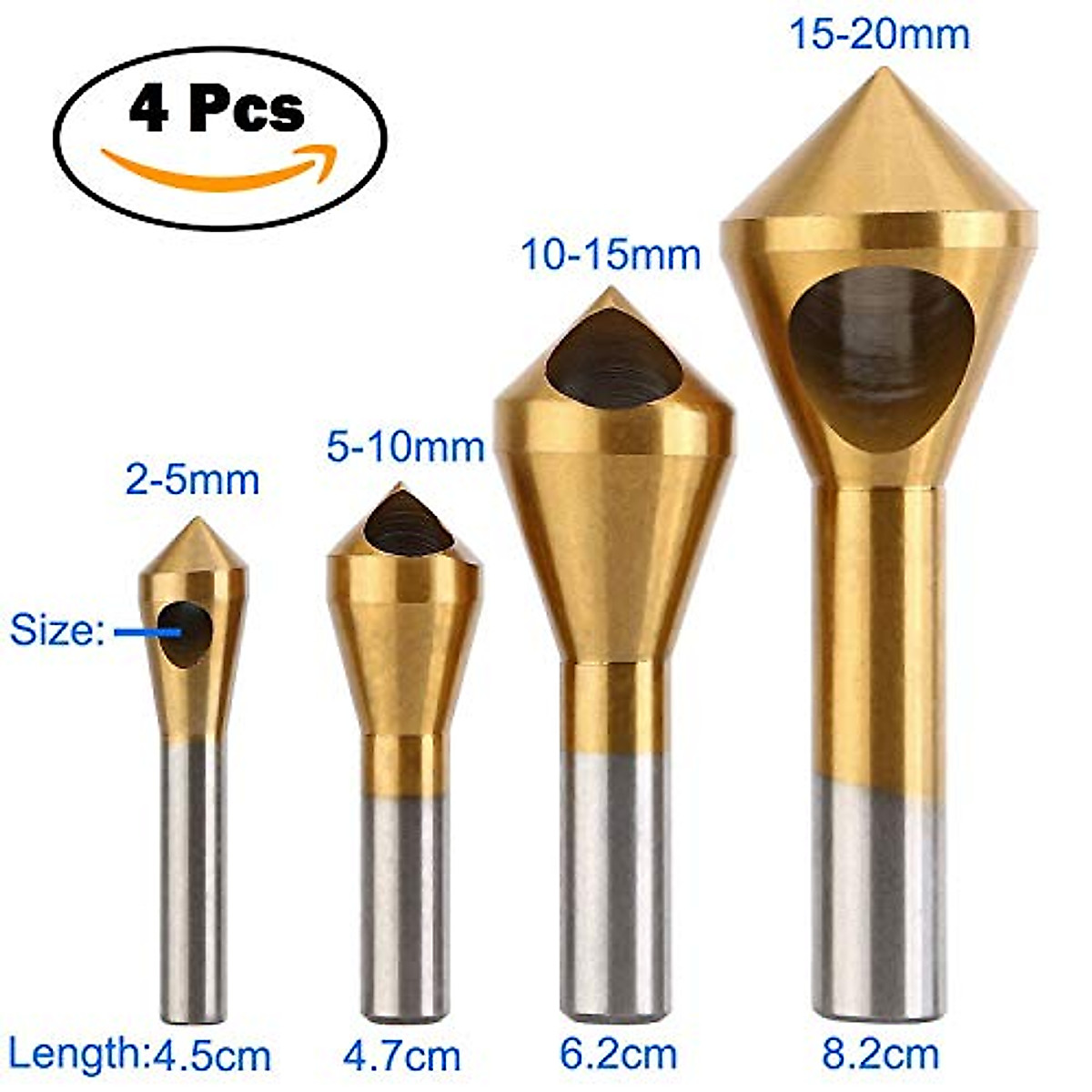 4pcs Countersink Chamfer Tool Deburring Tool Set Metal Wood Drill Bits for Wood, PVC board, Aluminum, Insulation board