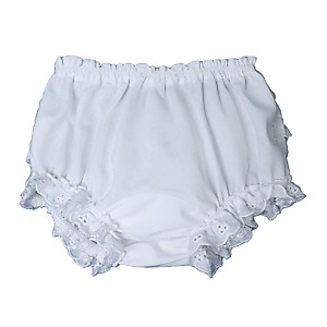 Little Things Mean A Lot Baby Girls White Elastic Bloomer Diaper Cover with Embroidered Eyelet Edging - NB
