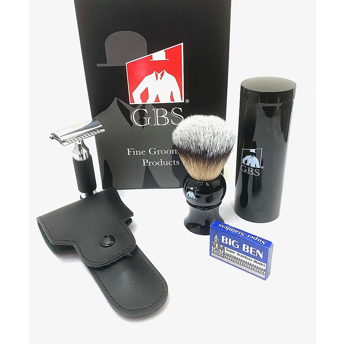 G.B.S Black Travel Shaving Brush, 4 Piece Travel Double Edge Safety Razor, and Leather Razor Case, Daily Beard Care, 10 pack of blades Snap Lock Prevent Razor Bumps