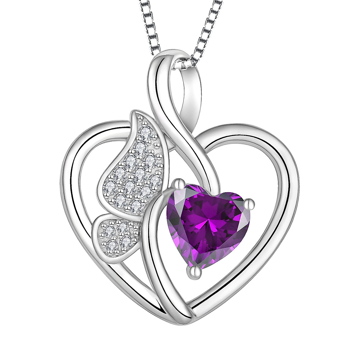 Lwsary Butterfly Necklace 925 Sterling Silver Love Heart Necklace Amethyst Pendant February Birthstone Jewelry for Women