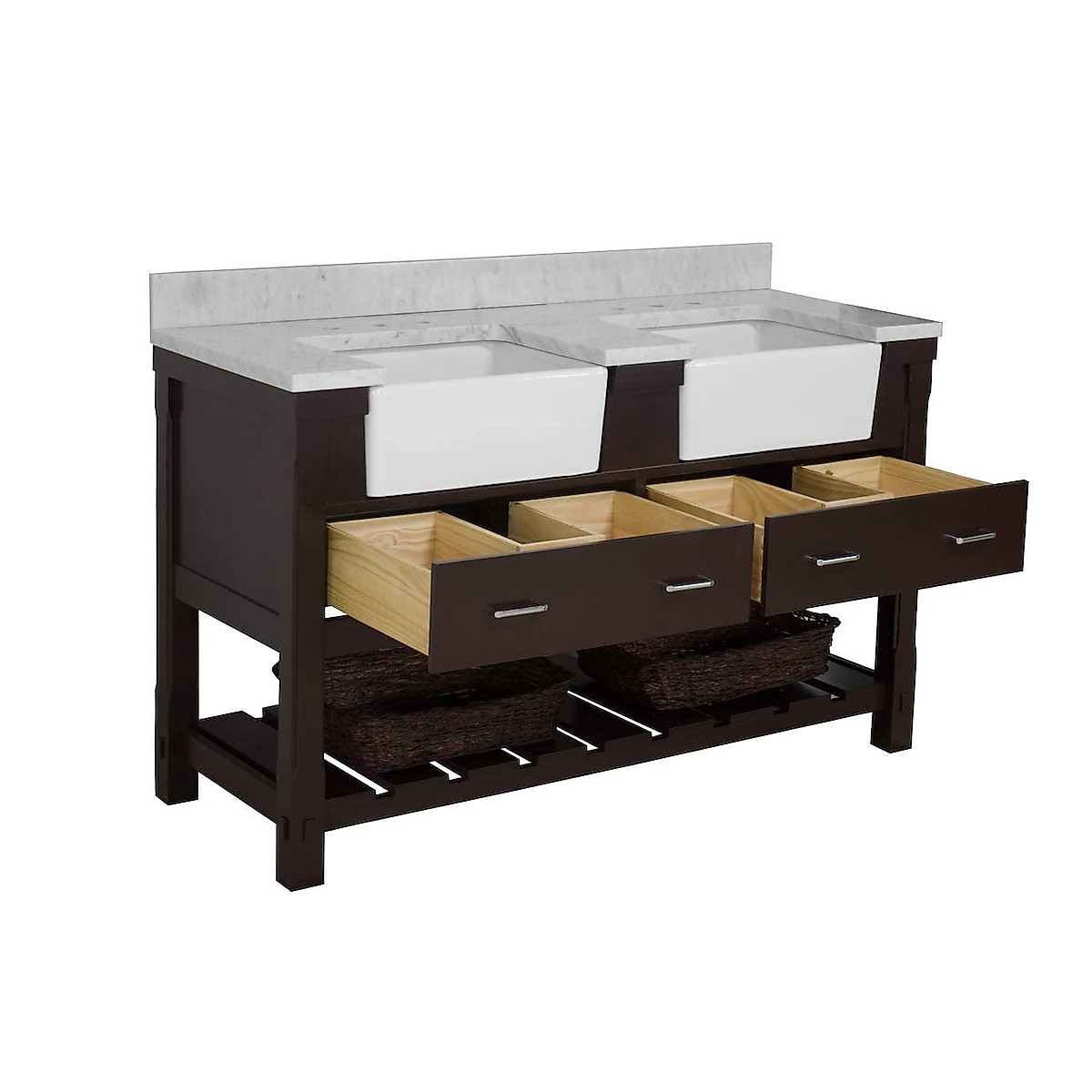 Charlotte 60-inch Double Farmhouse Bathroom Vanity (Carrara/Chocolate): Includes Chocolate Cabinet with Authentic Italian Carrara Marble Countertop and White Ceramic Apron Sinks