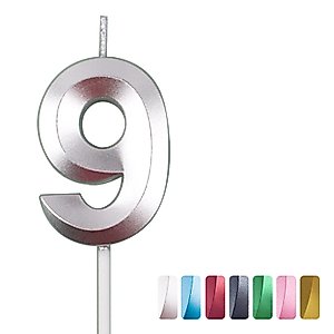 Number 9 Birthday Cake Candles, 3D Shape Number Birthday Candle, 9th Birthday Cake Topper Decorations (Silver)