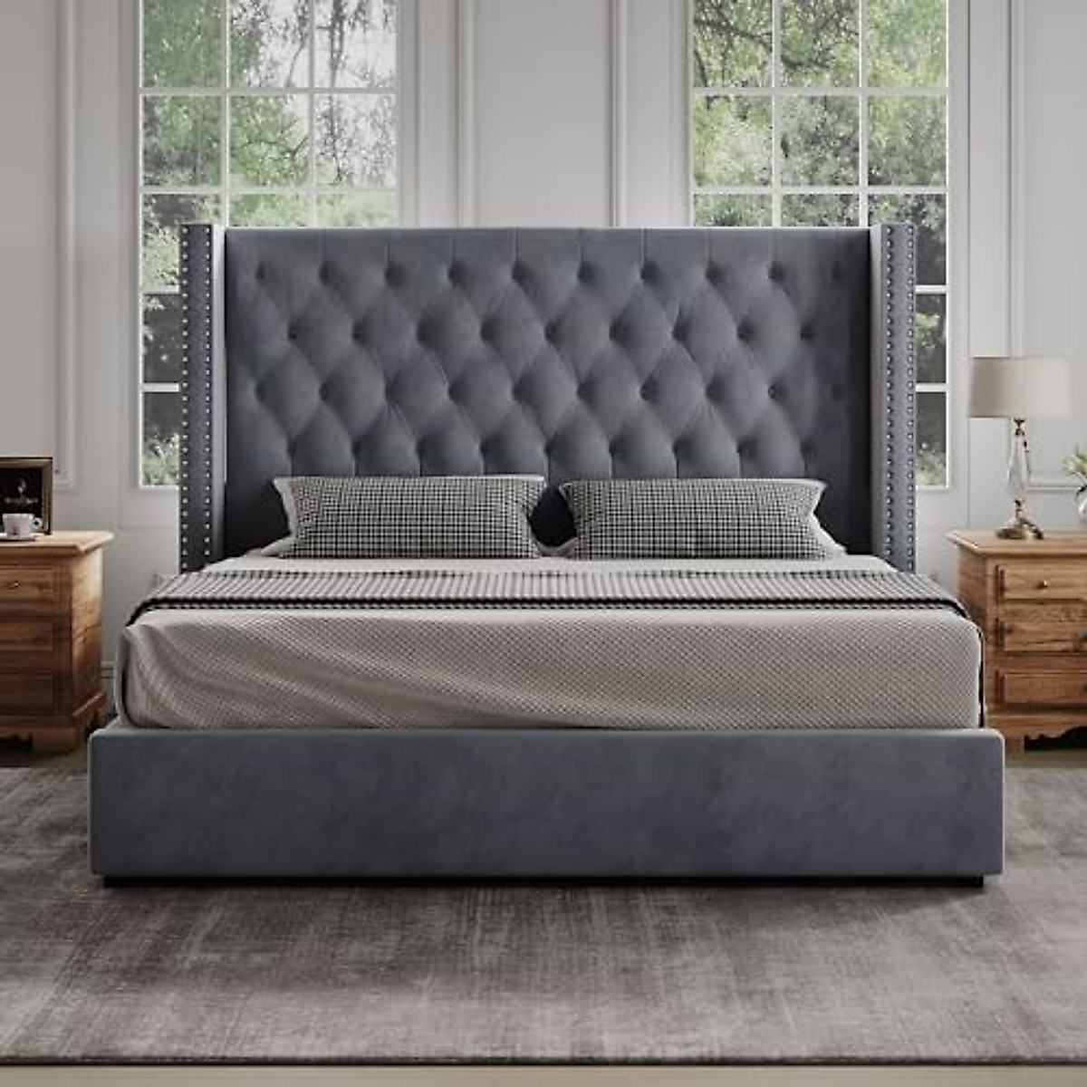 Jocisland King Size Lift Up Storage Bed, Upholstered Platform Bed Frame and Velvet Button Tufted Headboard with Wingback, Hydraulic Storage, No Box Spring Needed, Easy Assembly, Gray