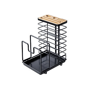 LINFIDITE Knife Block Holder Pot Lid Rack Cutting Board Organizer Holder Drying Rack with Draining Tray Kitchen Countertop Cabinet Pantry Bakeware Cookware Storage Stand Black