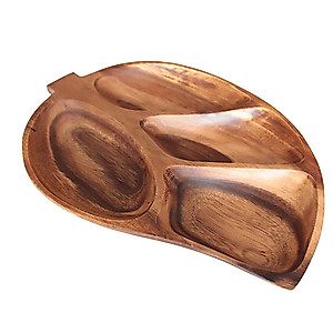 Acacia Premium Leaf Shaped Wooden 4-Compartment Divided Wood Accent-Plates Divided Dessert Dish Serving Trays Platters 4 Section