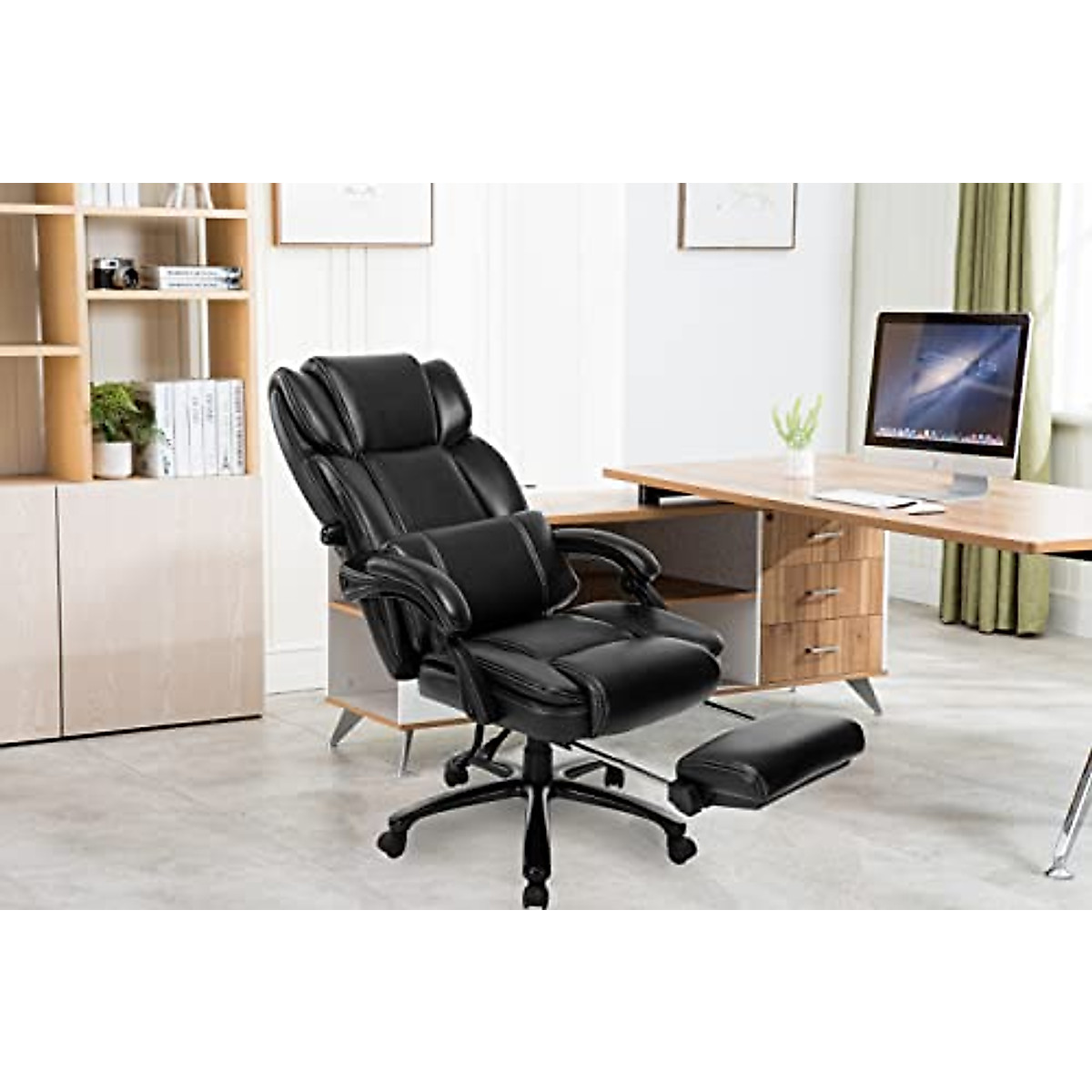 COLAMY High-Back Reclining Office Chair with Footrest, Big Tall Bonded Leather Adjustable Tilt Angle Height Lumbar Support Home Desk Task Executive Chair, Black