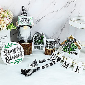 10 PCS Rustic Farmhouse Home Tiered Tray Decor, Farmhouse Wooden Table Signs Black White Buffalo Plaid Kitchen Decoration Set, Lighted Gnome Plush Home Sweet Home Decor Signs Housewarming Gifts