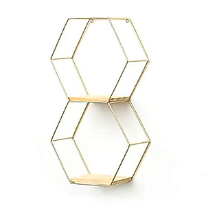 Gold Metal Wire Geometric Hexagon Floating Shelf | Two Brass Colored Vertical Honeycomb Shaped Hanging Wall Shelves | Mid Century Style Vanity Shelf | 16 x 9.25 x 3.75 Inches