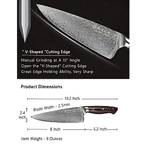 Damascus Chef Knife 8 Inch Kitchen Knives Professional Super Steel VG10 High Carbon Stainless Very Sharp Damascus Steel Knife Comfortable Ergonomic Micarta Handle Luxury Gift Box