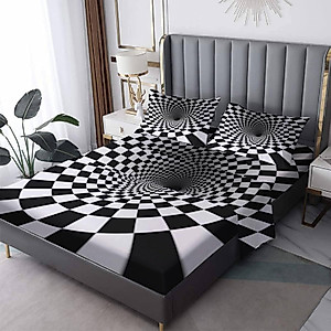Full Size Sheet Sets - Optical Illusion Bed Sheets, Black and White Bedding Sheets & Pillowcases, Soft Microfiber & Deep Pocket & Wrinkle Free Sheet Set, 1 Fitted Sheet, 1 Flat Sheet, 2 Pillow Cases