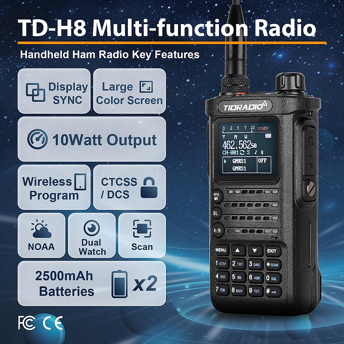 (𝟐𝐧𝐝 𝐆𝐞𝐧) TIDRADIO TD-H8 10W HighPower Ham Radio Handheld with APP Bluetooth Wireless Programming, Two Way Radios Long Range with 2500mHA 𝐓𝐲𝐩𝐞-𝐂 Large Battery, Large Color Screen(2 Pack)