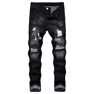 Men's Ripped Washed Slim Fit Jeans Straight Leg Moto Biker Denim Pants Vintage Distressed Skinny Jean Trousers (Black,32)