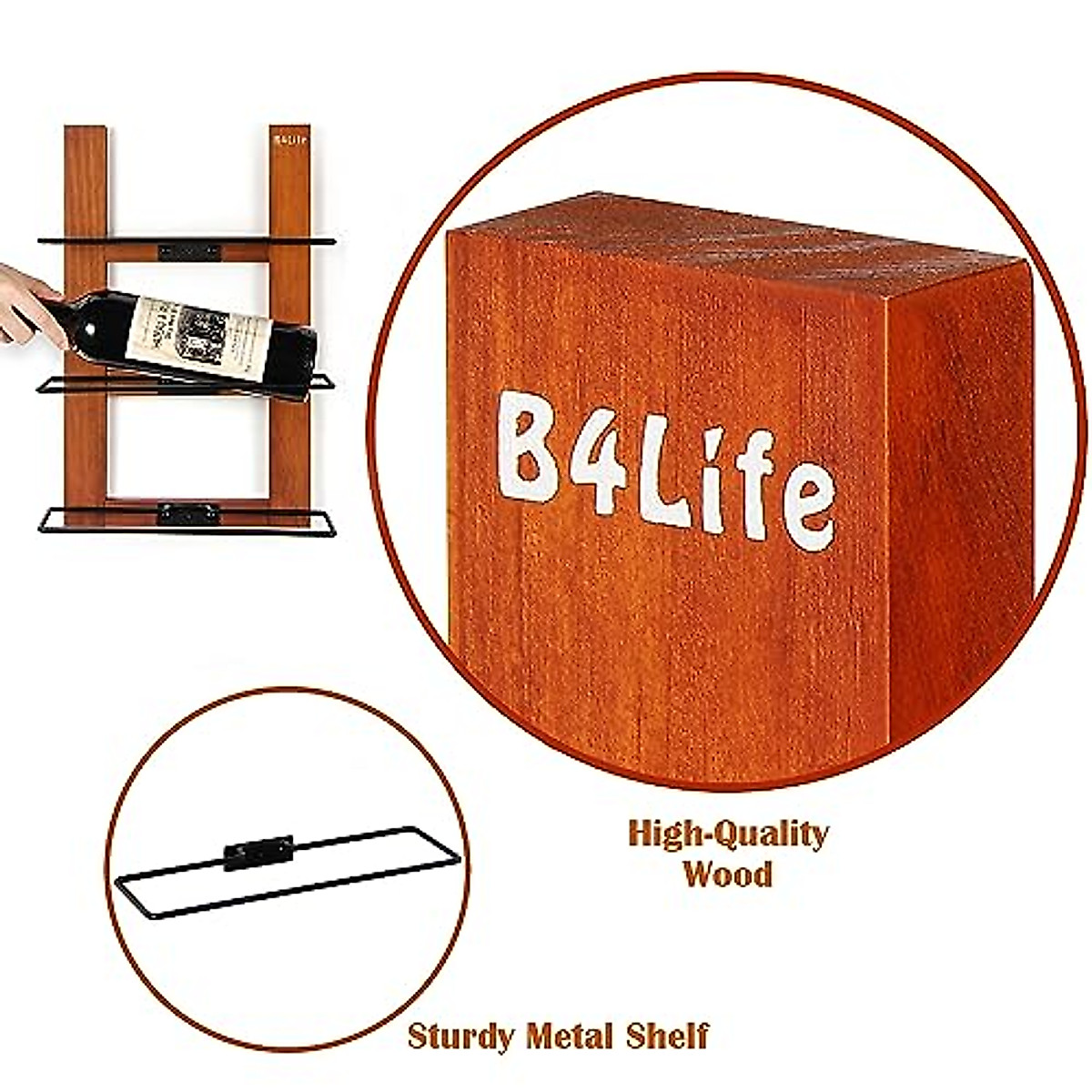 B4Life Wine Racks Wall Mounted, Wall Wine Bottle Display Rack 6 Bottle Wall Wine Racks for Wine Bottles, Wood Wine Holder Wall Mounted for Dining Room, Storage Room, Wine Cellar, Kitchen