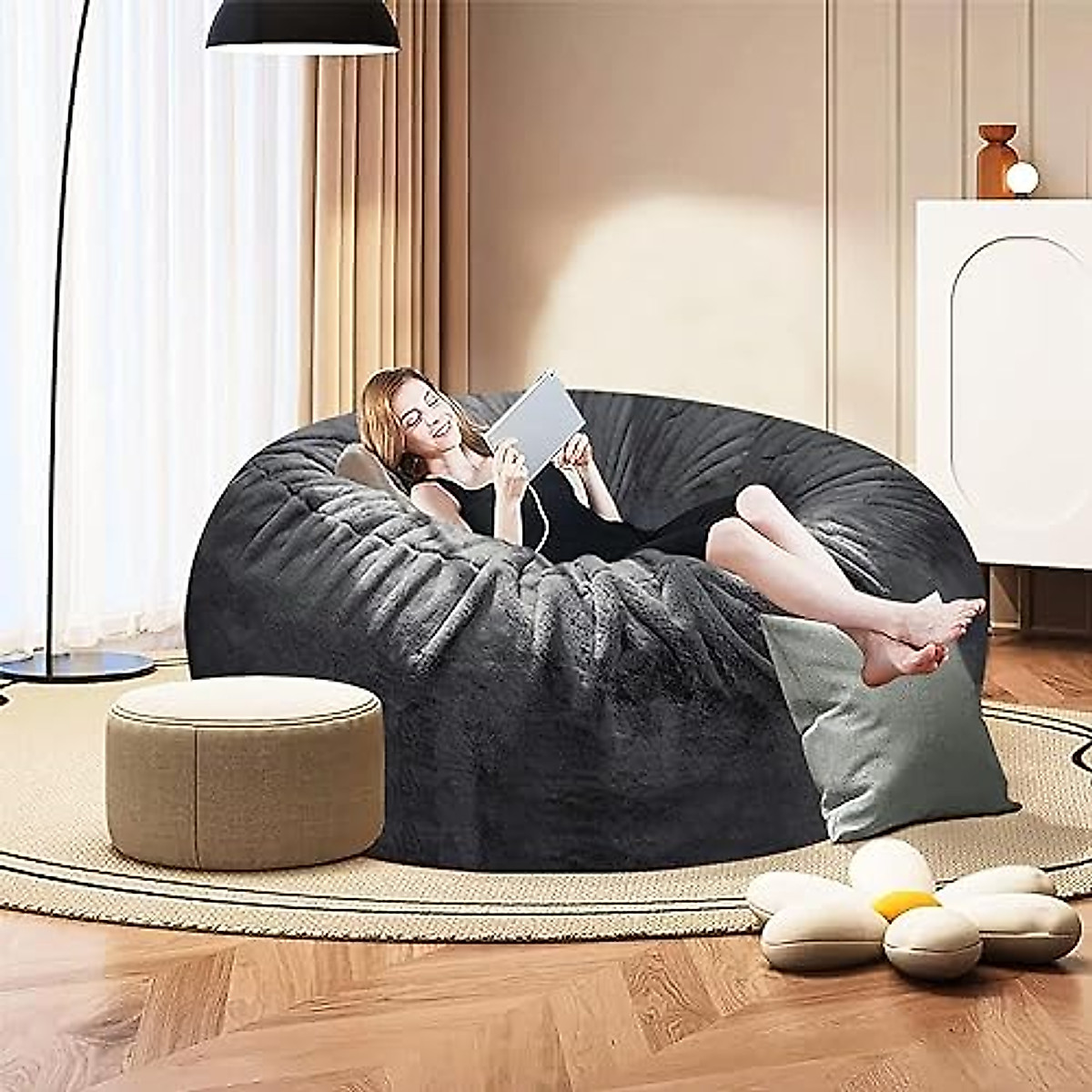 Bean Bag Chairs, 7ft Giant Bean Bag Chair for Adults, Big Bean Bag Cover Comfy Large Bean Bag Bed (No Filler, Cover only) Fluffy Lazy Sofa (Dark Grey), 7ft(180*80cm)(Black)