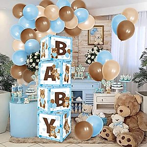 40PCS Teddy Bear Baby Shower Boxes Decorations Bear Theme Party Boxes Block Backdrop Favor with Blue Brown Balloons for Teddy Bear Birthday We Can Bearly Wait Party Supplies