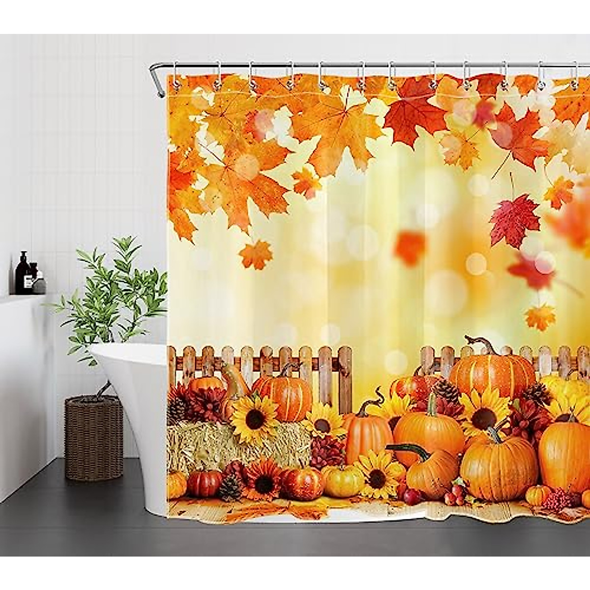 MEUNEAR Farmhouse Fall Shower Curtain and Bath Mat, Orange Pumpkin Sunflower and Maple Leaf Shower Curtain with Bathroom Rugs, 72X72 inches Autumn Thanksgiving Shower Curtains Set