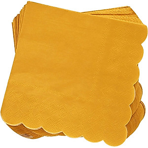 Juvale 100 Pack Mustard Yellow Paper Napkins - Scalloped Cocktail Napkins, Disposable for Wedding, Birthday Party (5x5 In)