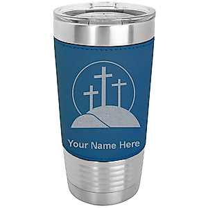 LaserGram 20oz Vacuum Insulated Tumbler Mug, Calvary Cross, Personalized Engraving Included (Faux Leather, Blue)